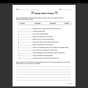 Spring ELA Worksheet Set | Figurative Language | Author's Purpose ...