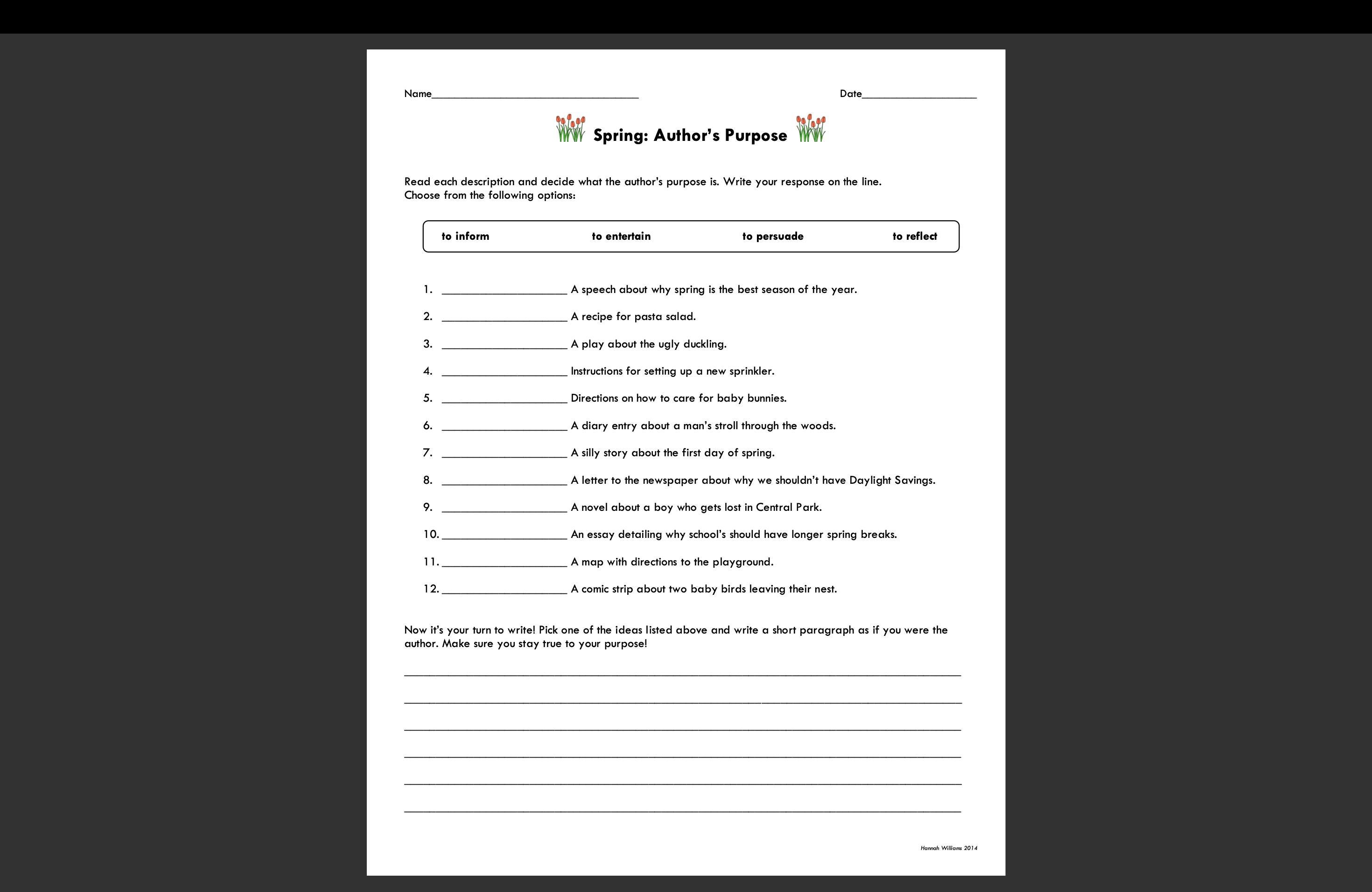 Spring ELA Worksheet Set | Figurative Language | Author's Purpose ...