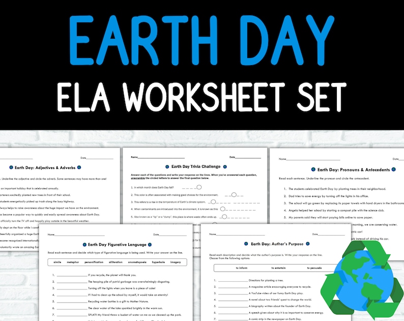 Earth Day ELA Worksheet Set (5 Worksheets) - Etsy