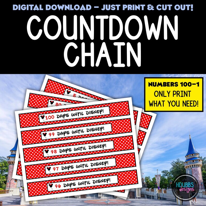 Theme Park Vacation Countdown Chain | Red Polka Dot Printable (digital ...