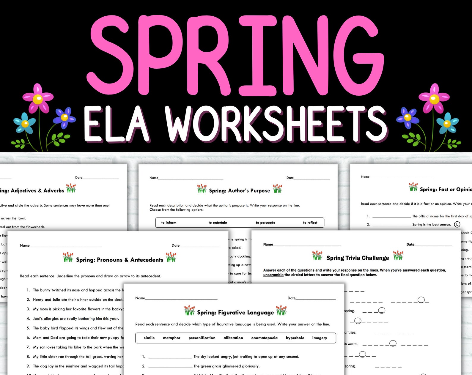 Spring ELA Worksheet Set | Figurative Language | Author's Purpose ...