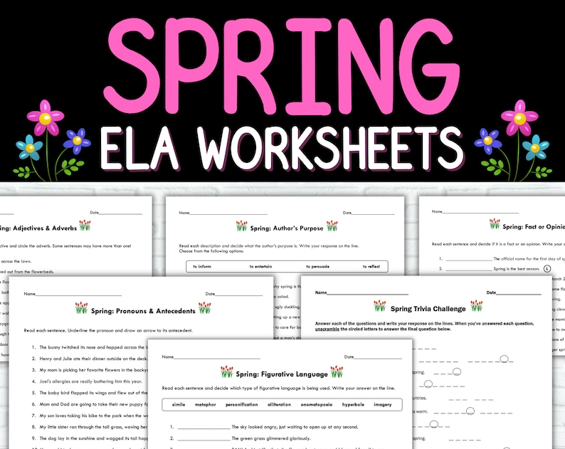 Spring ELA Worksheet Set | Figurative Language | Author's Purpose ...