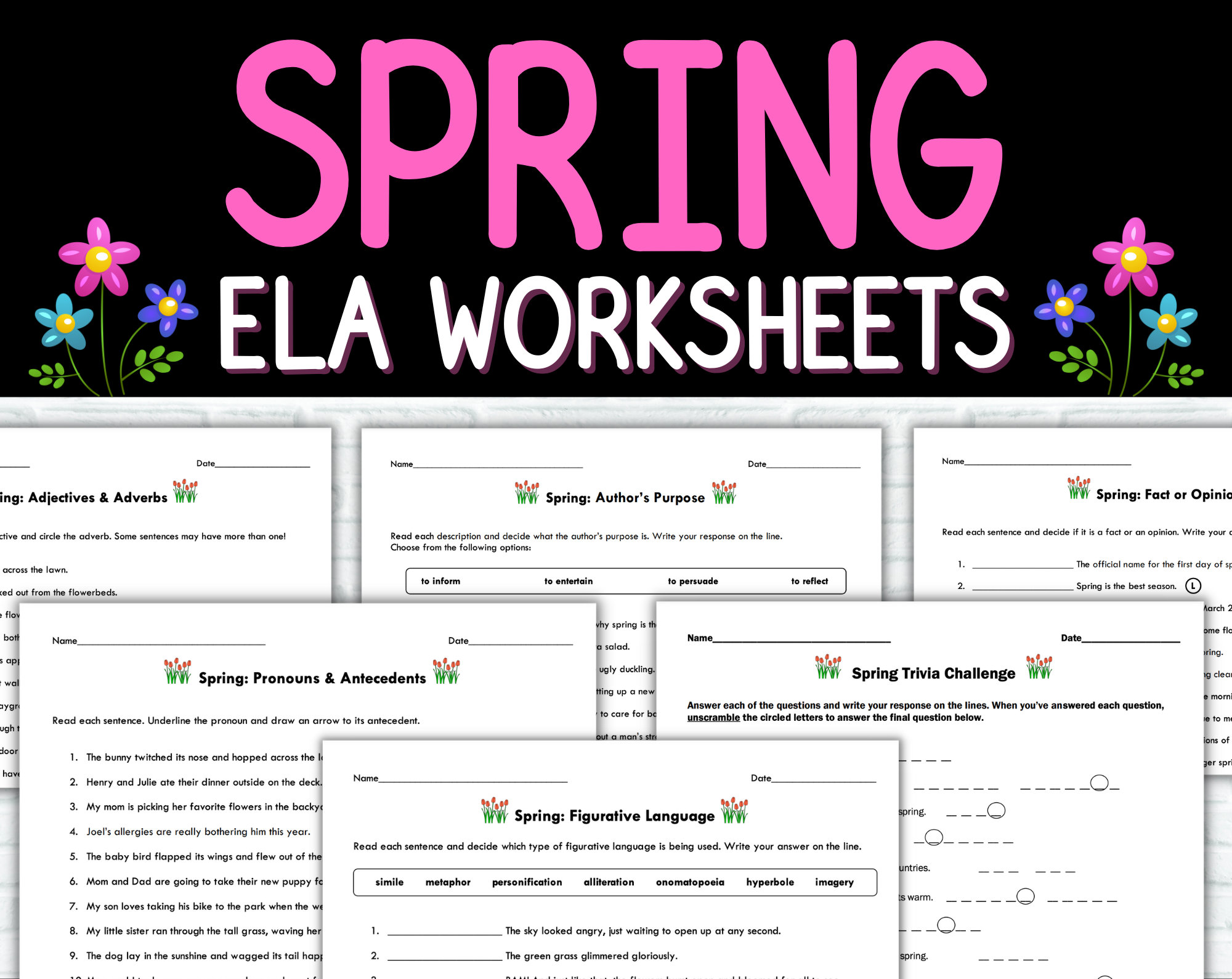 Spring ELA Worksheet Set | Figurative Language | Author's Purpose ...