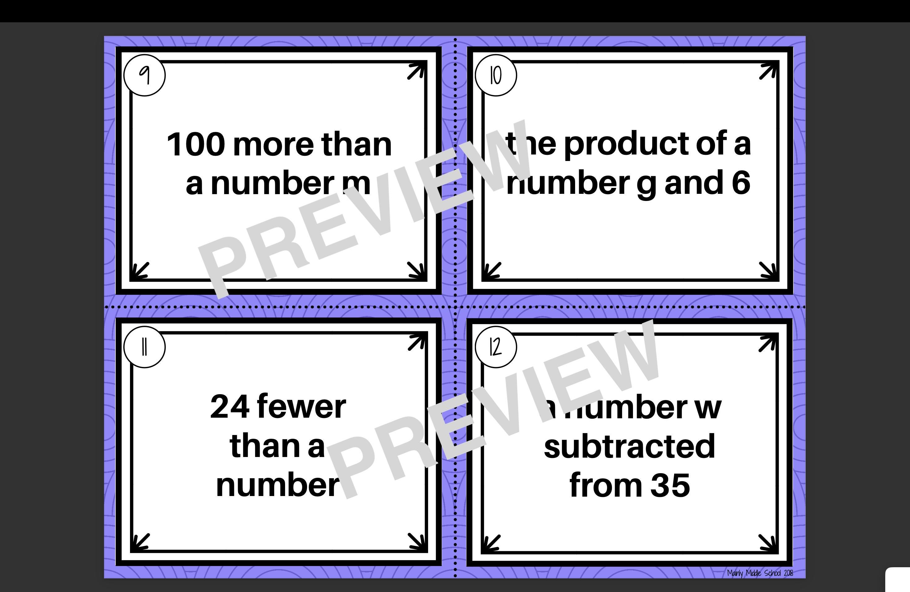 Writing Algebraic Expressions TASK CARDS (set of 25) - Etsy
