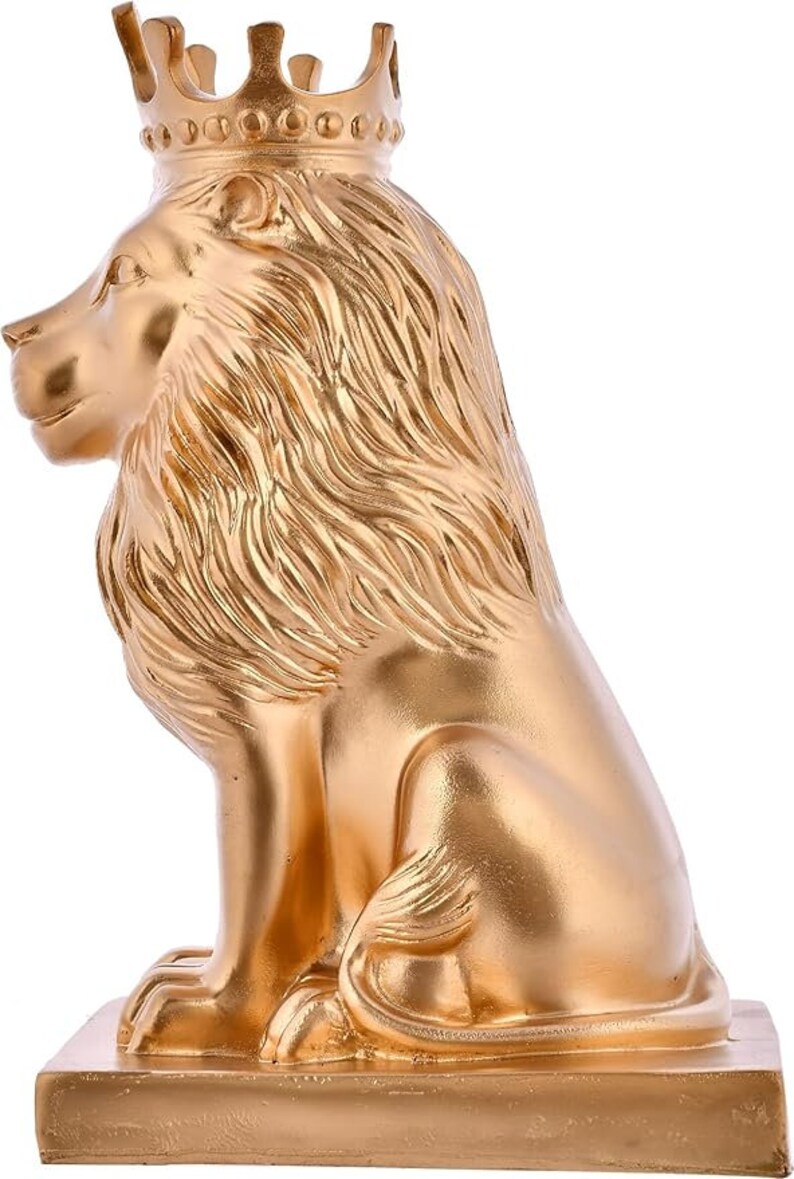 STUDIO PARSHVA Regal Golden Lion Statue With Crown Sculpture Showpiece ...