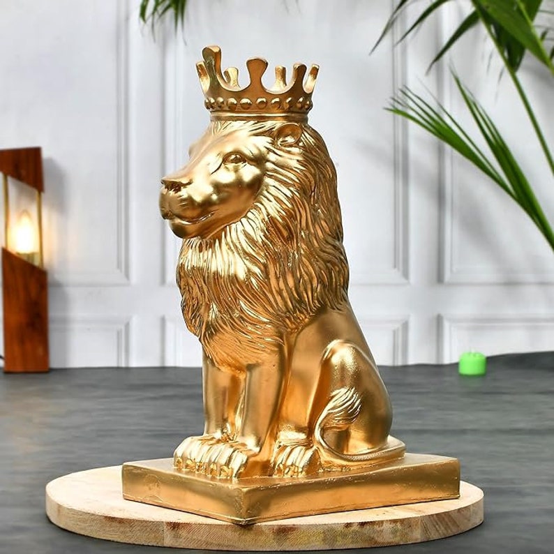 STUDIO PARSHVA Regal Golden Lion Statue With Crown Sculpture Showpiece ...