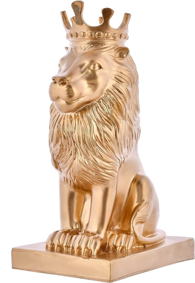 STUDIO PARSHVA Regal Golden Lion Statue With Crown Sculpture Showpiece ...