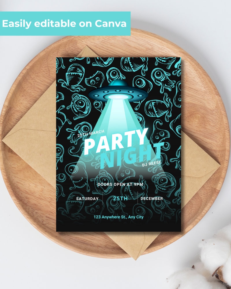 Alien Themed Party Invite Template | Cyan and Black Minimal, Printable ...