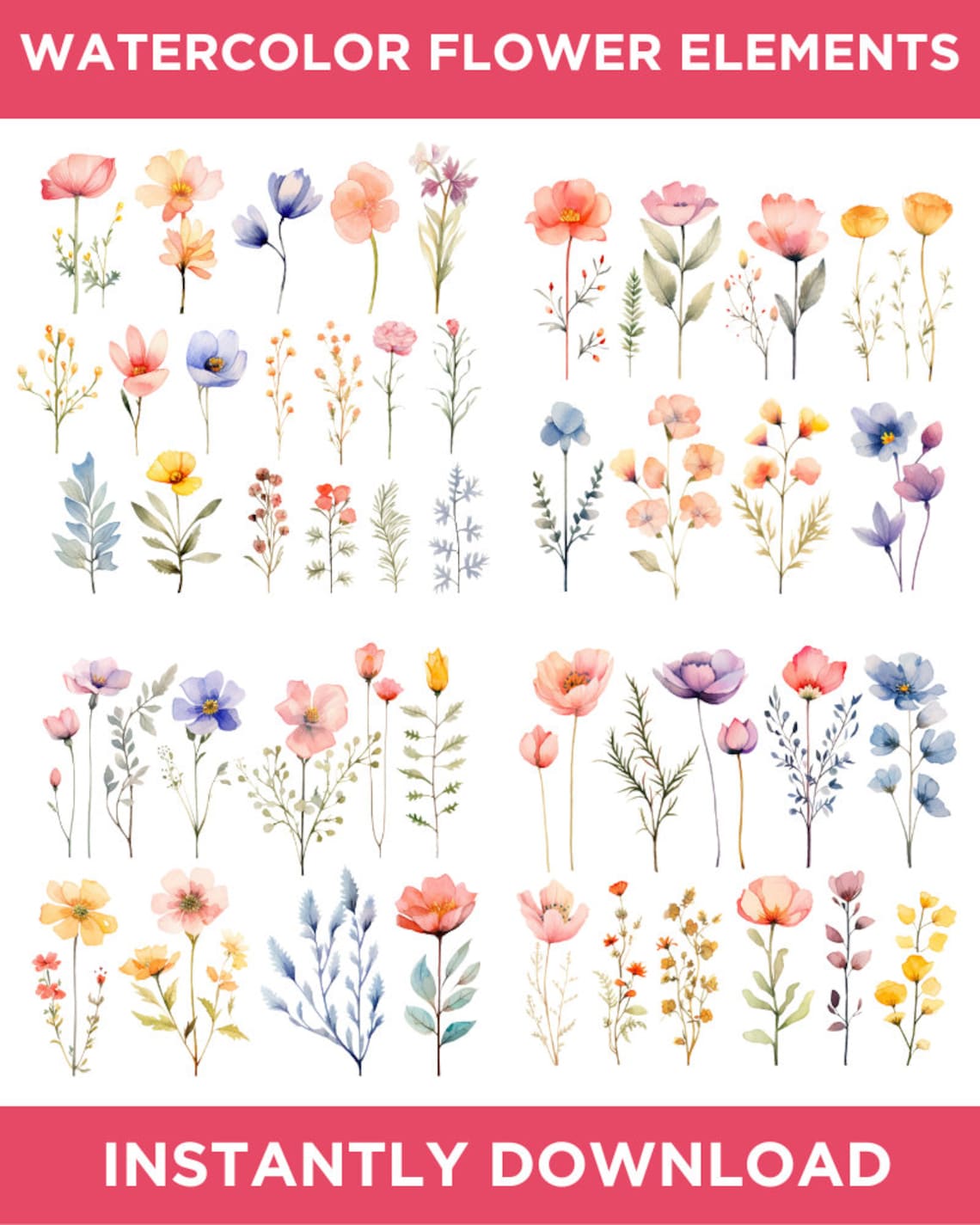 Watercolor Flower Clipart Bundle: 60 PNG Elements (digital Download) - Etsy
