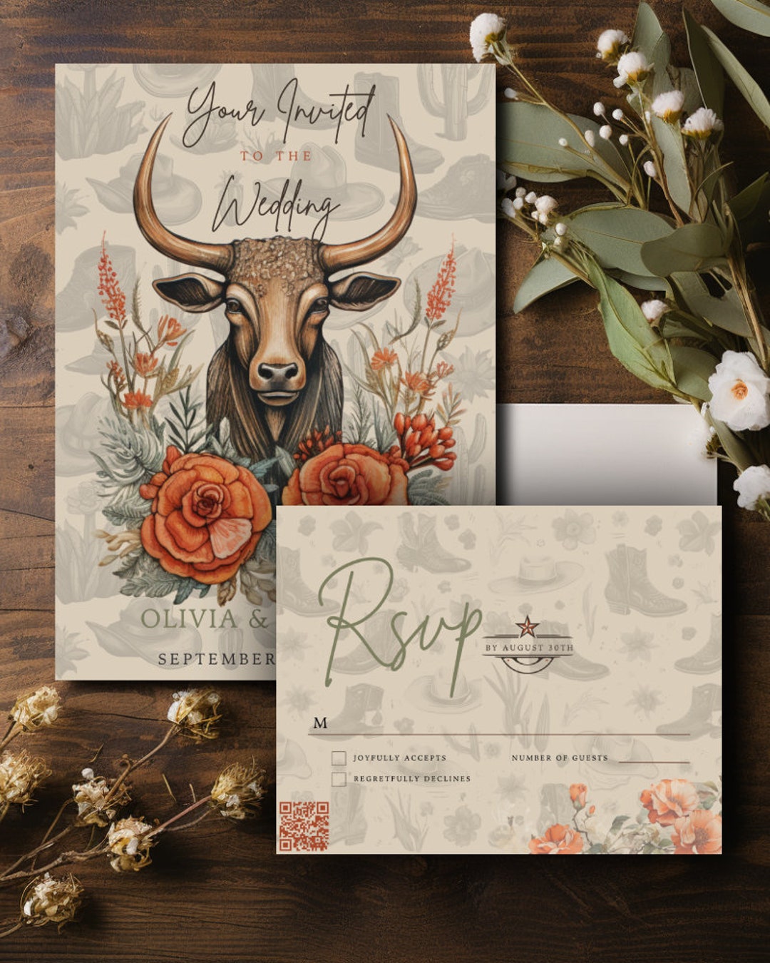 Texas Wedding Invitation Template: Rustic Bull & Floral (canva Editable ...