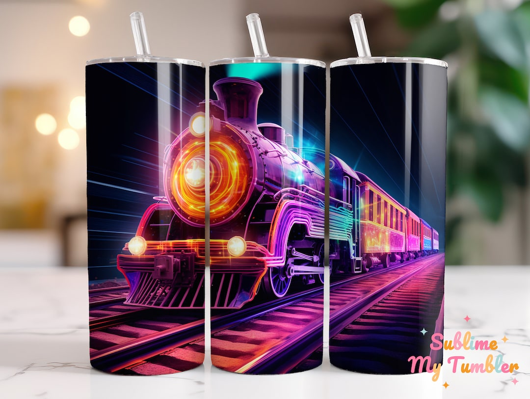 Neon Steam Train Tumbler Wrap Train on Track 20oz Skinny Tumbler ...