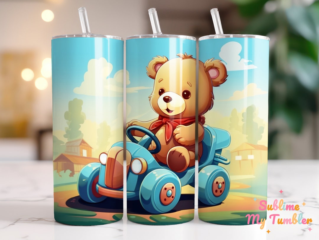 Teddy Bear Driving Car Tumbler Wrap: 20oz Skinny Tumbler Sublimation ...