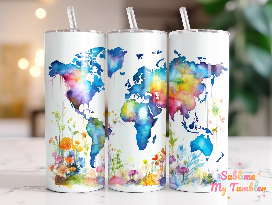 Floral World Map Tumbler Wrap Map Watercolor 20oz Skinny Tumbler ...
