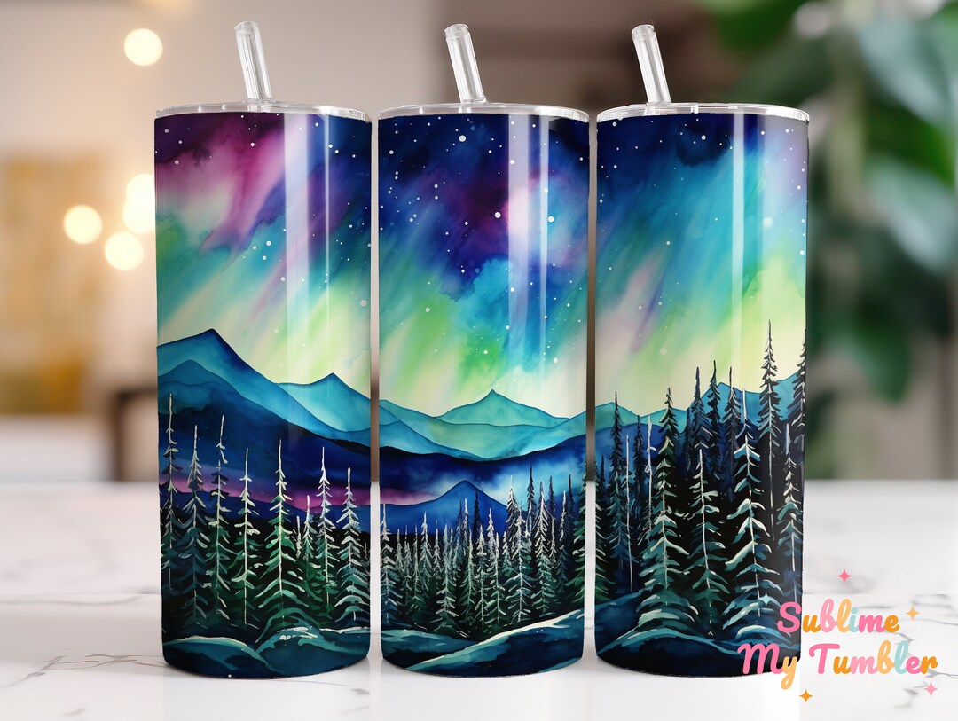 Aurora Borealis Tumbler Wrap Snowy Landscape 20oz Skinny Tumbler ...