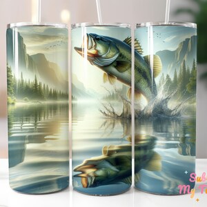 Bass Fish Tumbler Wrap Jumping Bass Fish Lake 20oz Skinny Tumbler ...