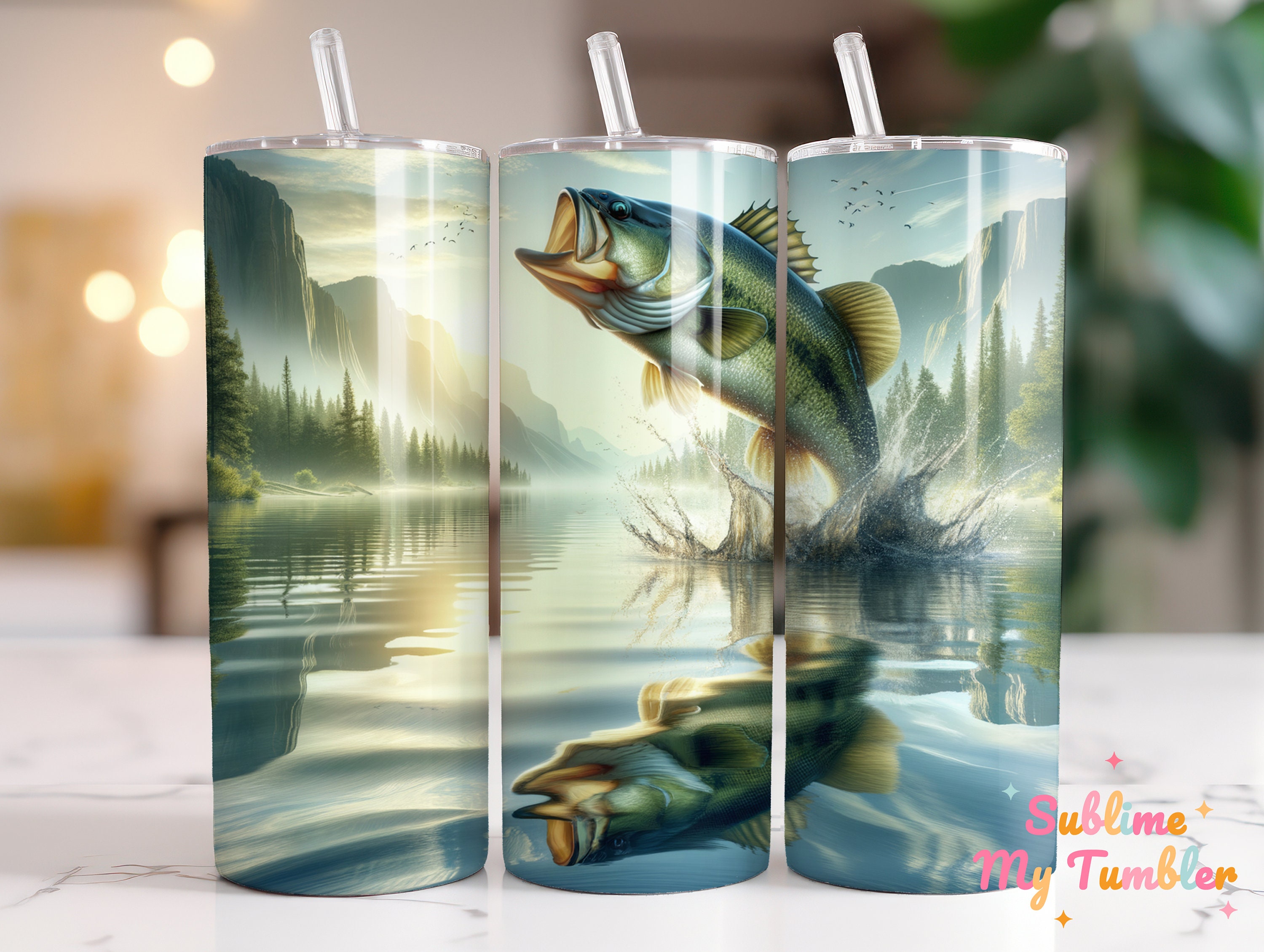 Bass Fish Tumbler Wrap Jumping Bass Fish Lake 20oz Skinny Tumbler ...