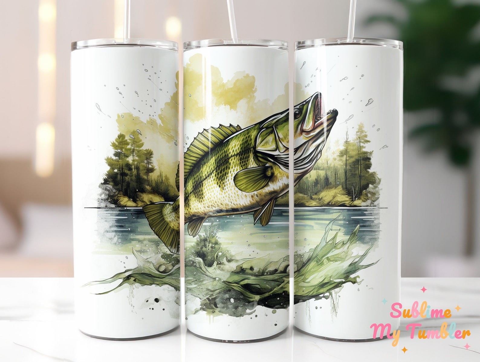 Bass Fish Tumbler Wrap Fishing in A Pond 20oz Skinny Tumbler ...