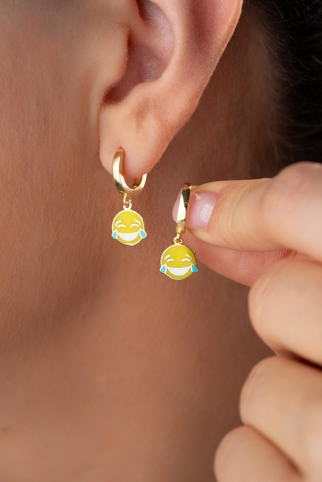 Dainty Laughing Emoji Earrings • Minimalist Yellow Enamel Jewelry ...