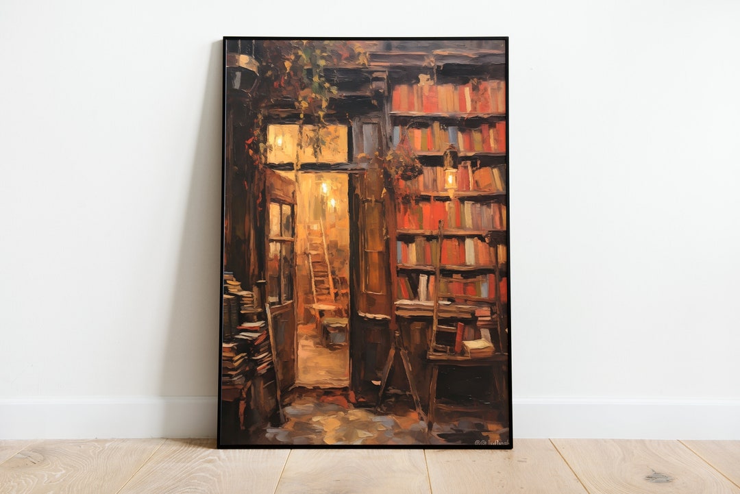 Antique Bookstore Oil Painting | Vintage Library Art (digital Download ...