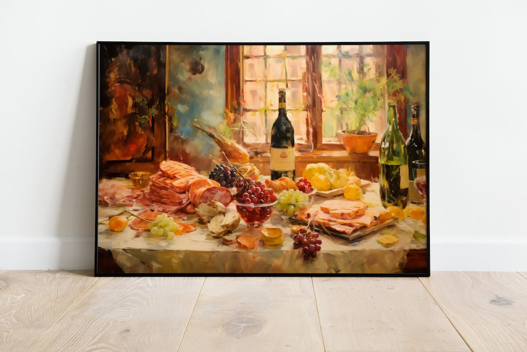 Feast Oil Painting Vintage Charcuterie Table Painting Fine Wine ...