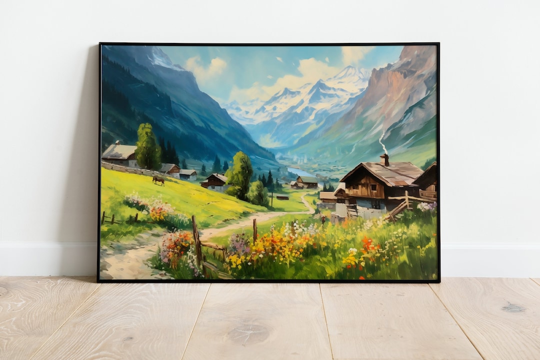 Alpine Village Vintage Oil-painting Swiss Mountains Painting Village ...