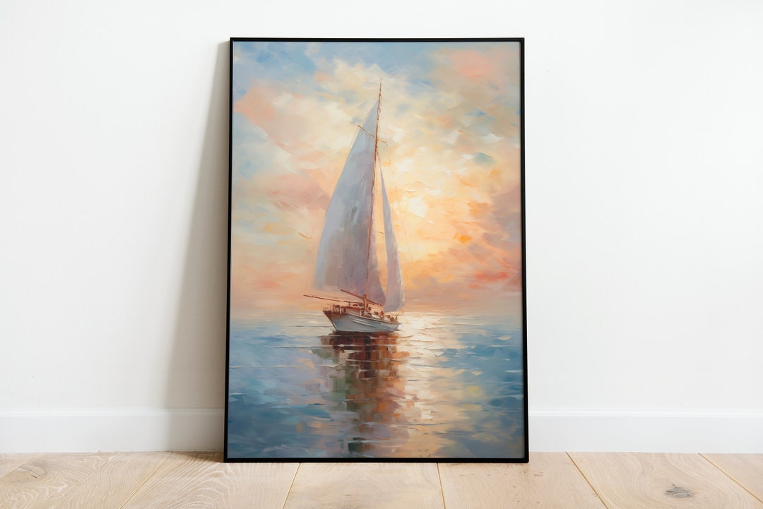 Vintage Sailboat Sunset Oil Painting, Maritime Art (digital Download ...