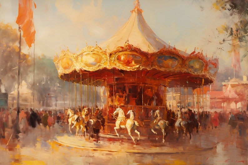 Vintage Carousel Oil Painting, Antique Merry-go-round Art (digital ...