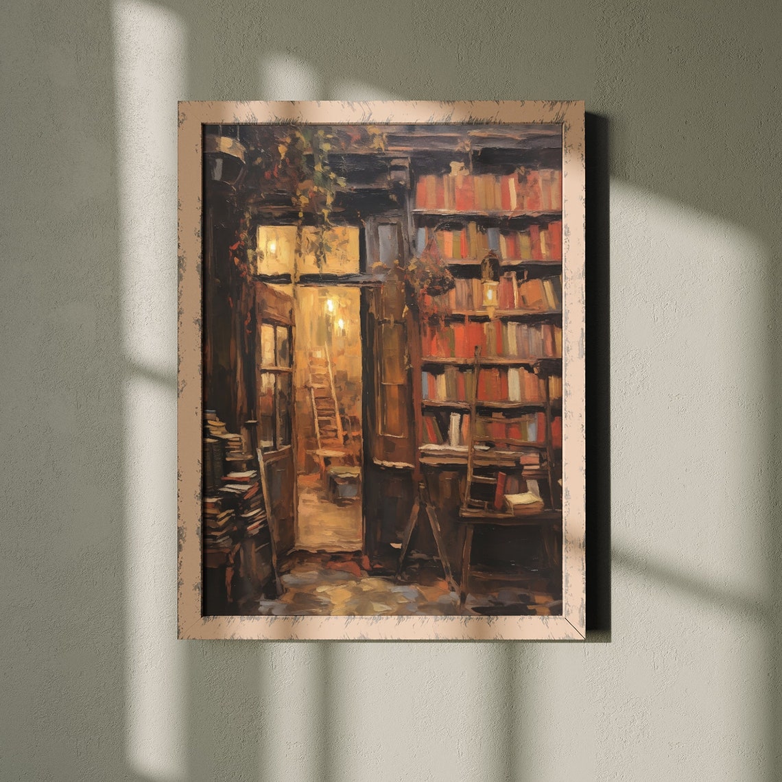 Antique Bookstore Oil Painting | Vintage Library Art (digital Download ...