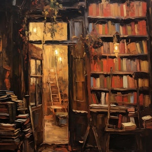 Antique Bookstore Vintage Oil Painting Vintage Library Painting Books ...