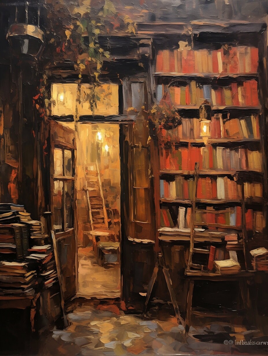 Antique Bookstore Oil Painting | Vintage Library Art (digital Download ...
