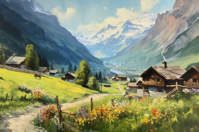 Alpine Village Vintage Oil-painting Swiss Mountains Painting Village ...