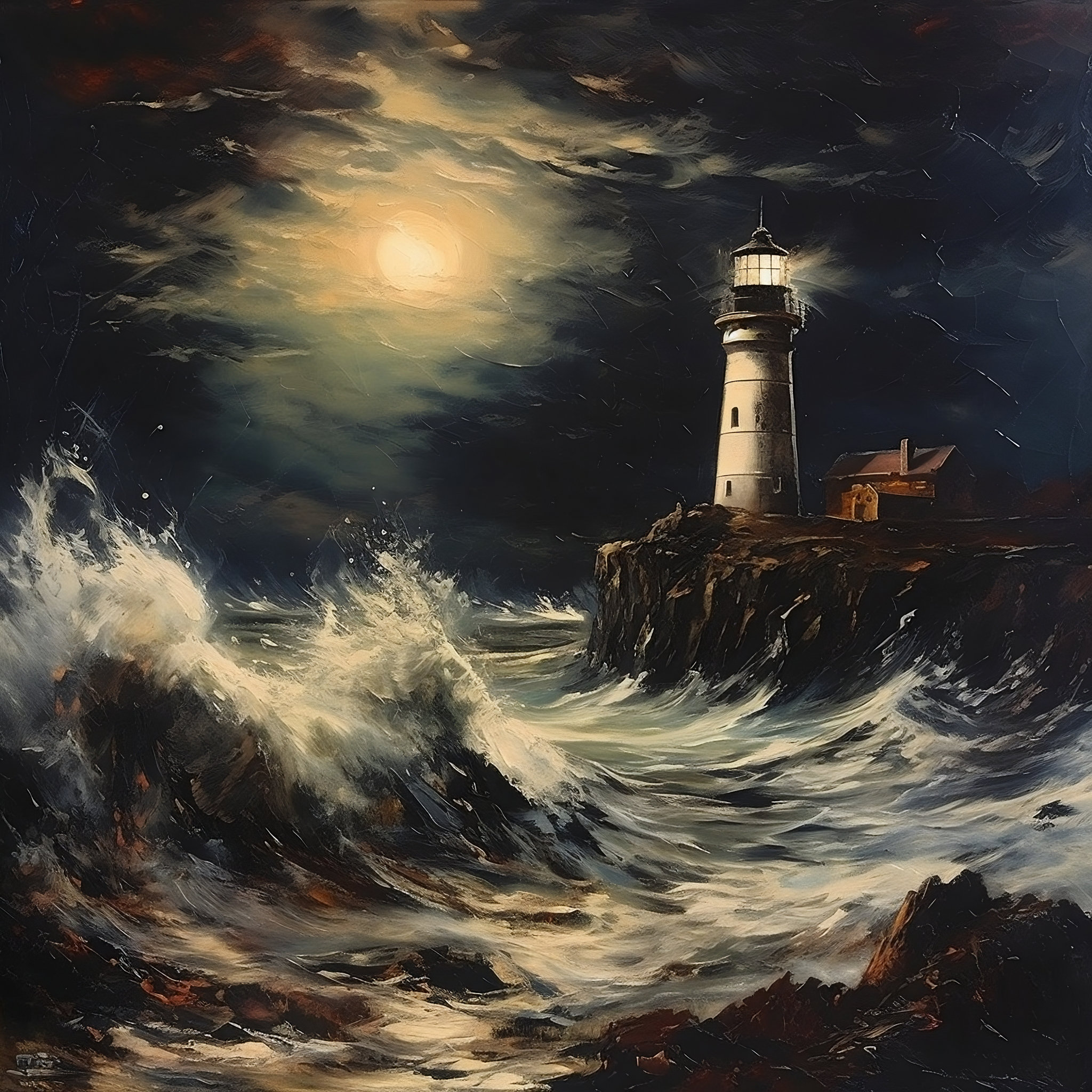 Stormy Lighthouse Oil Painting Dark Storm Art Vintage Lighthouse Moody ...