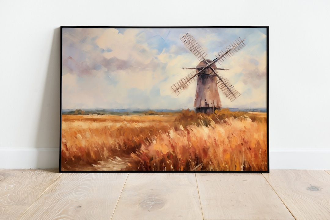 Old Windmill Vintage Oil Painting Windmill Landscape Rustic Windmill ...