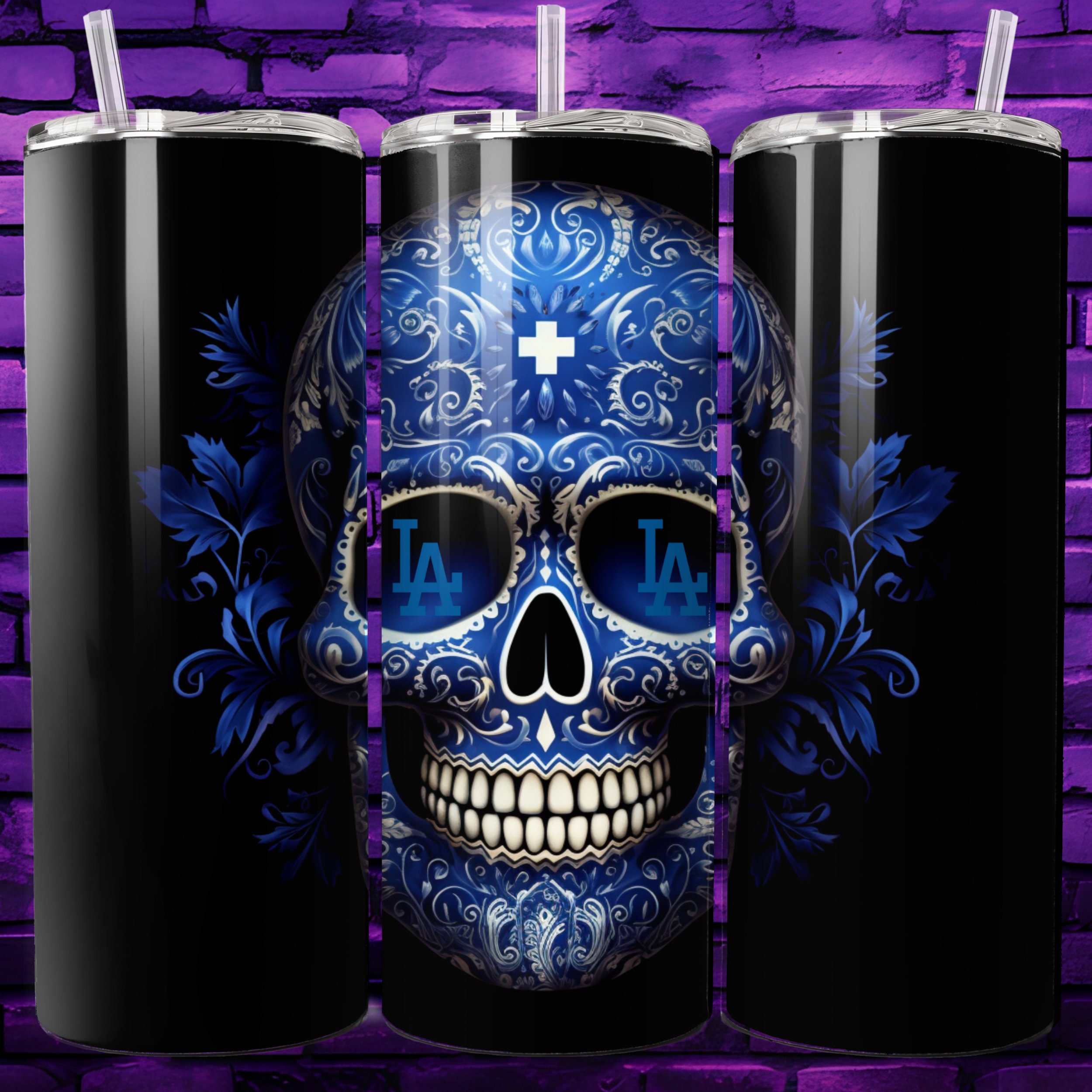 LA Sugar Skull 20oz Skinny Tumbler Wrap, Dodger Colors, Instant ...