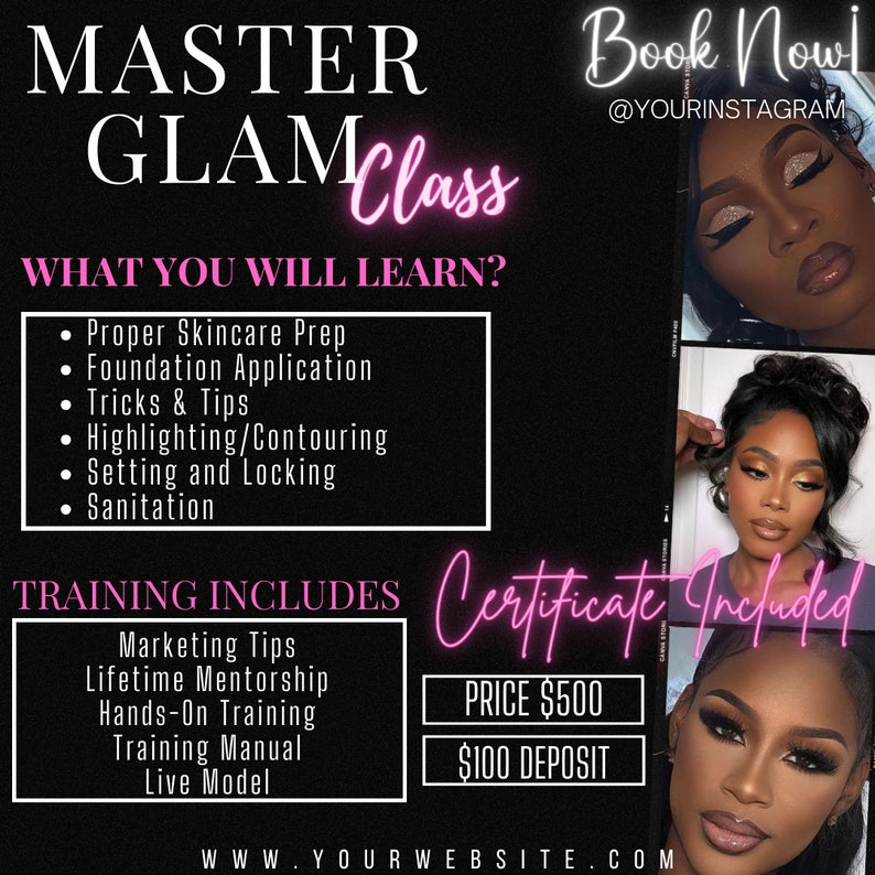 Editable Master Glam Class Flyer, Make up Class Flyer, Book Now ...