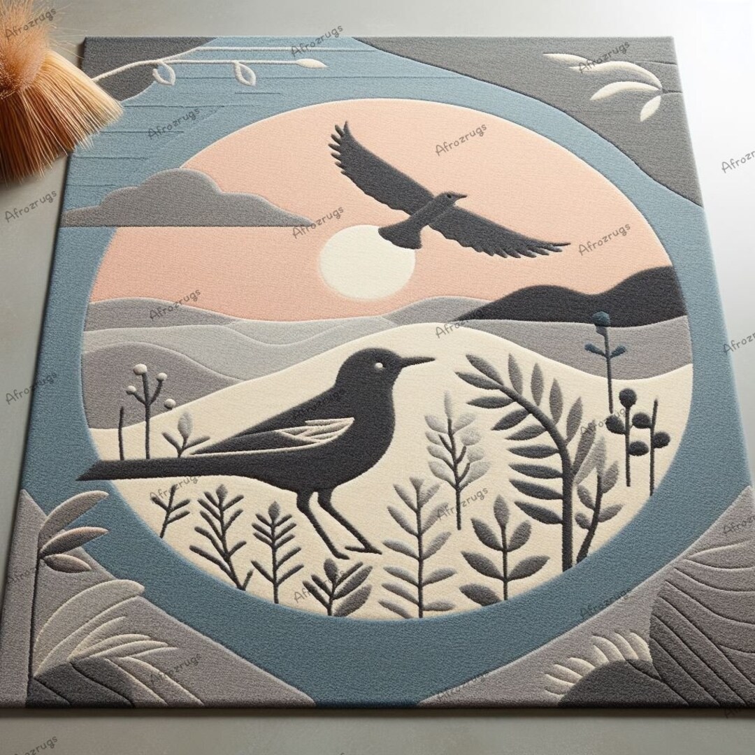 Birds Rug Handmade Tufted Rug Round Shape Rug Woollen Designer Rug for ...