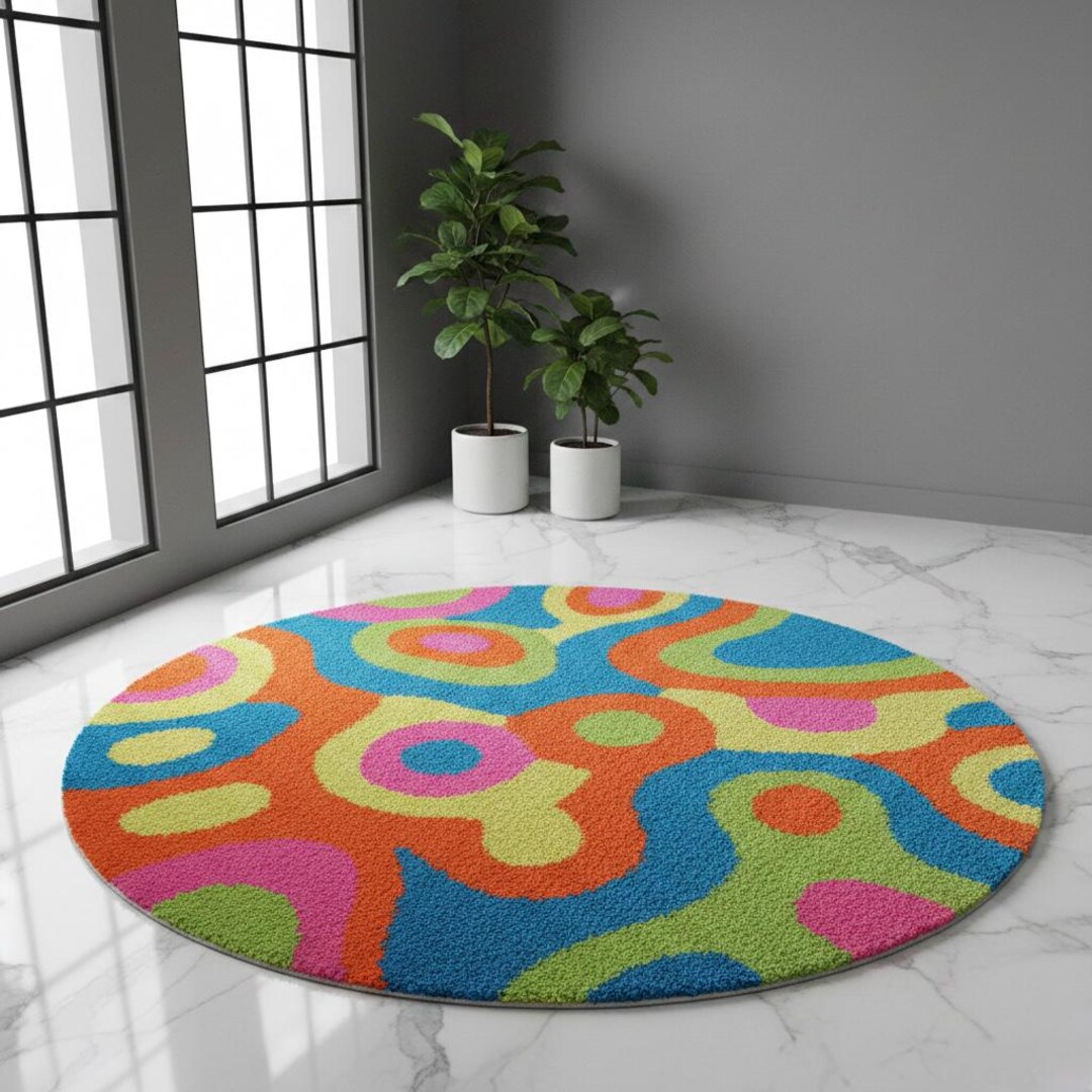 Hand Tufted Wool Round Rug, Colorful Abstract Area Carpet, Modern ...