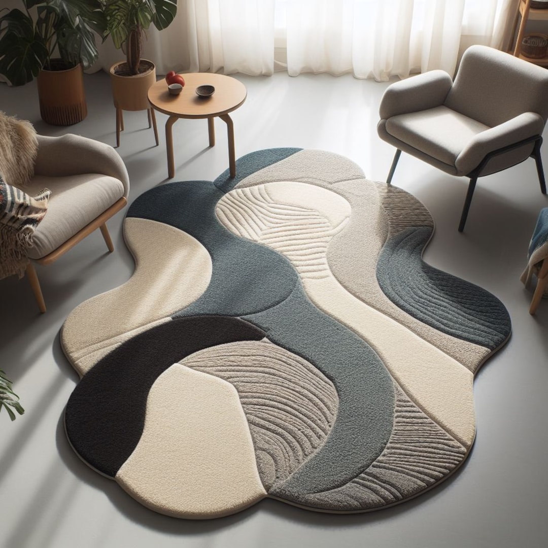 Abstract Irregular Shape Area Rug | Modern Wavy Design Carpet | Neutral ...