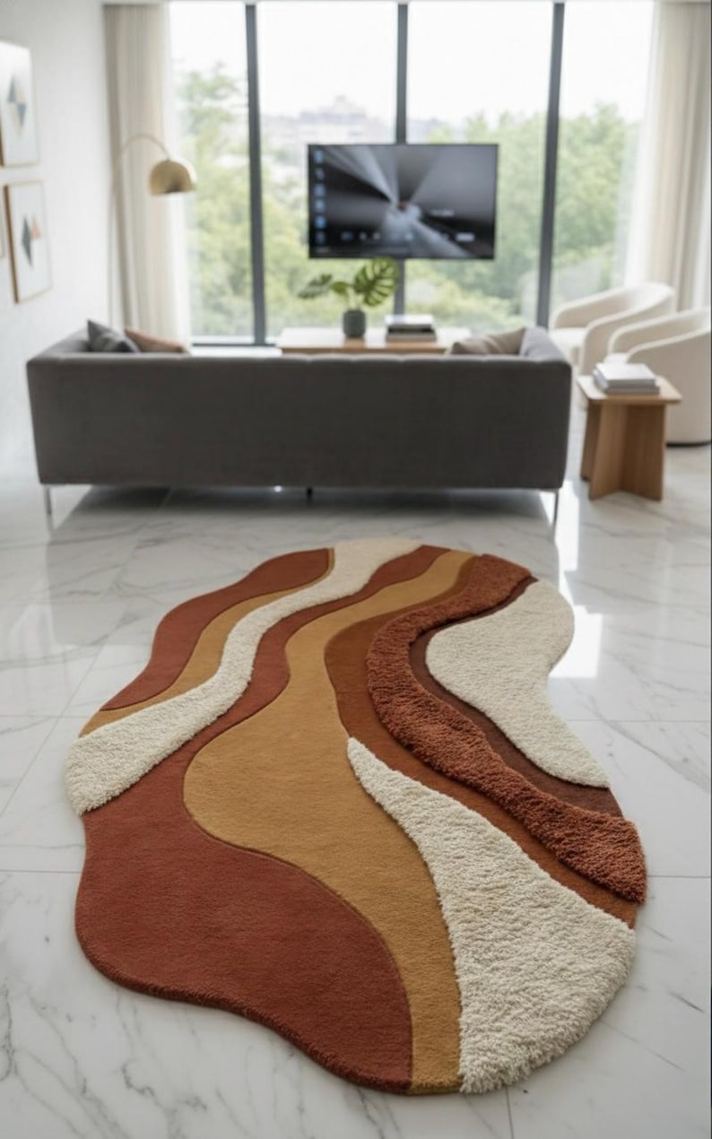 Hand Tufted Abstract Wool Rug, Modern Wavy Area Rug in Earth Tones - Etsy