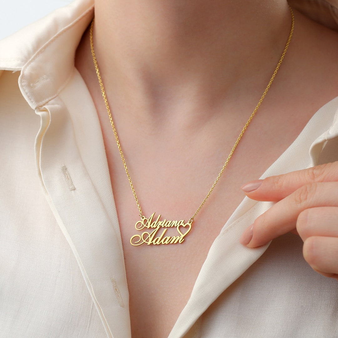 14K Gold Two Name Necklace With Heart, Custom Necklace, Personalized ...