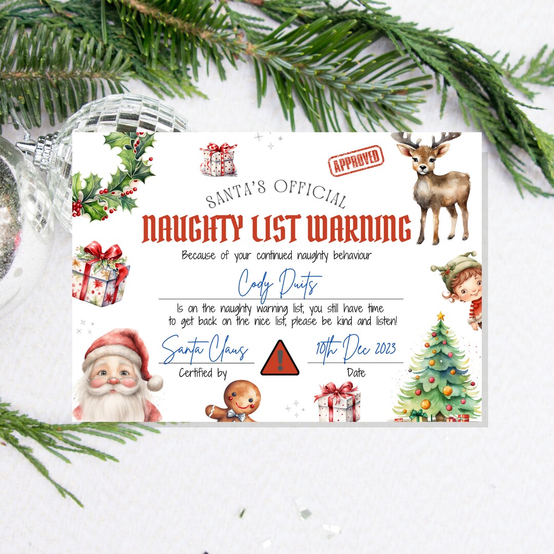 Naughty List Certificate, Warning From Santa Letter, Personalized ...