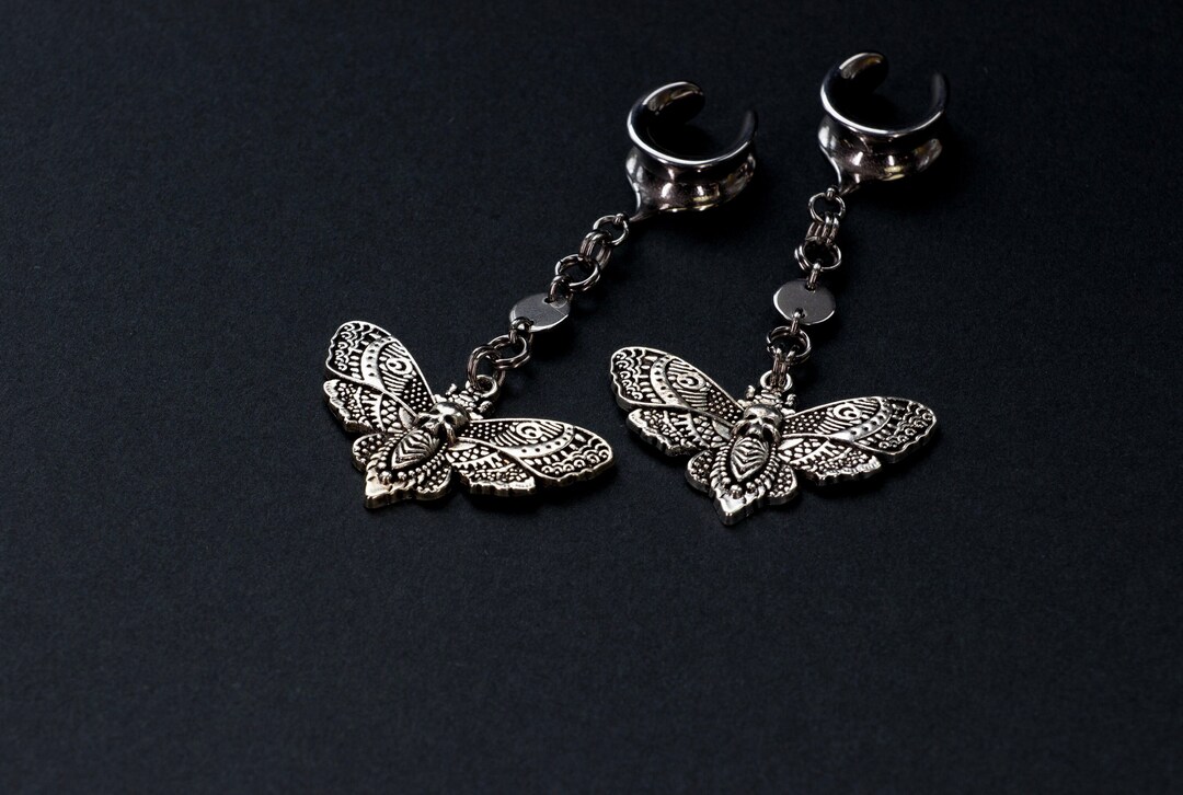 Ear Saddle Hangers Death Moth Plugs for Stretched Ears, Tunnels Silver ...