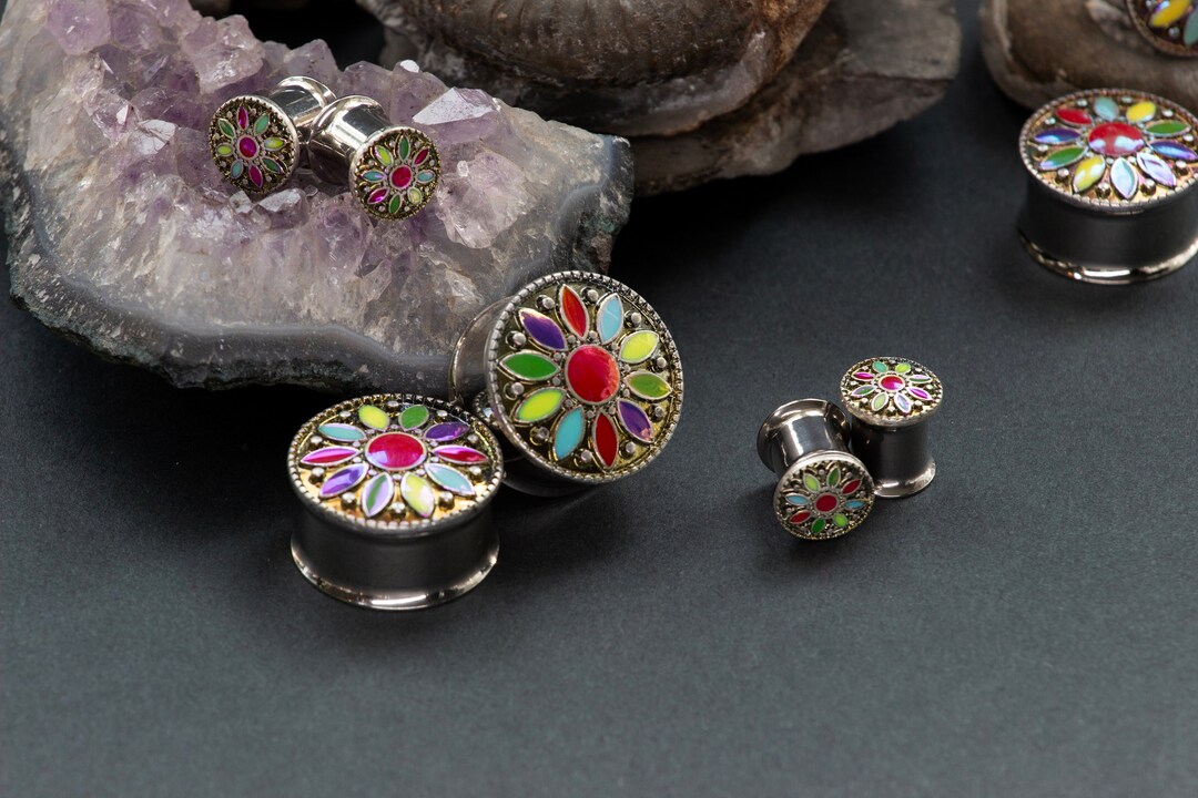Flower Plugs - Double Flared - Multi-coloured - Stretched Ears ...