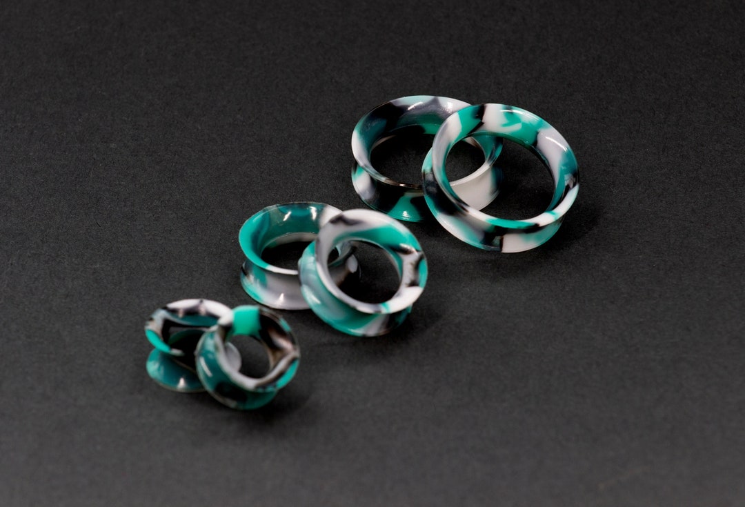 Marbled Silicone Tunnels, Plugs - Black, White & Green - Double Flare ...