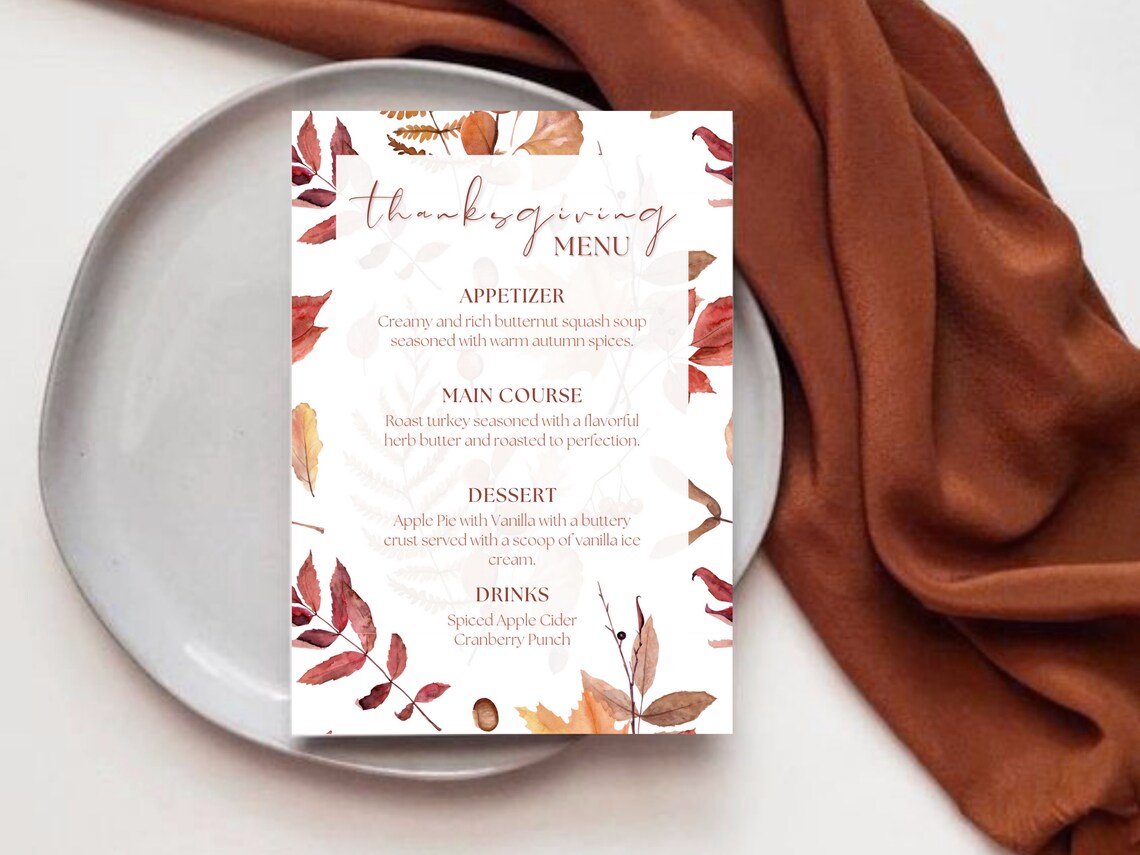 Thanksgiving Dinner Menu Template Thanksgiving Menu Card - Etsy