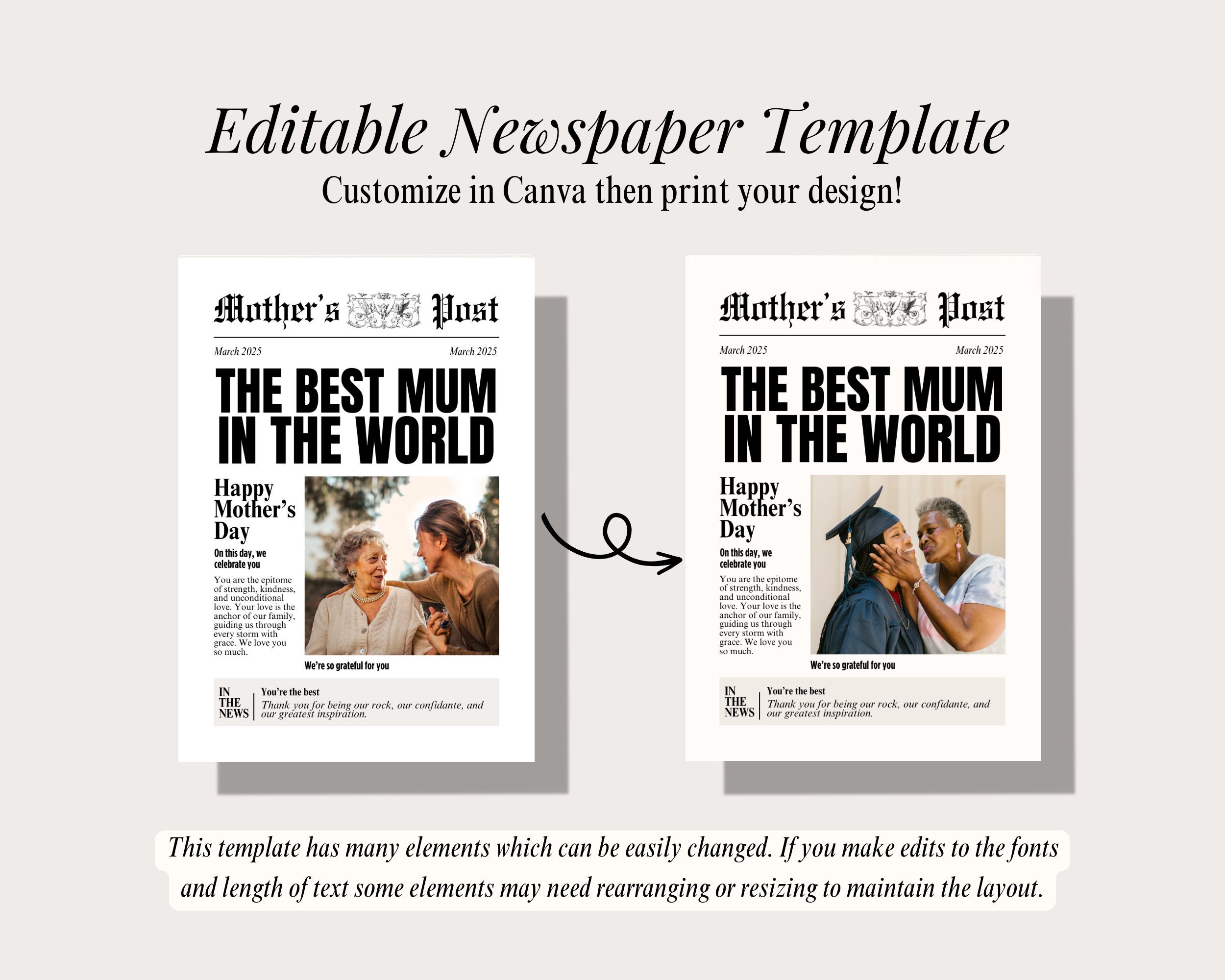Mothers Day Newspaper Greeting Card, Template Editable in Canva, DIY ...