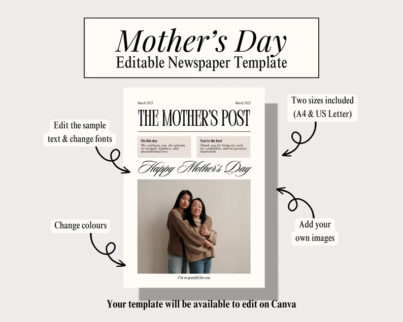 Mothers Day Newspaper Template, Greeting Card for Mum & Mom, Printable ...
