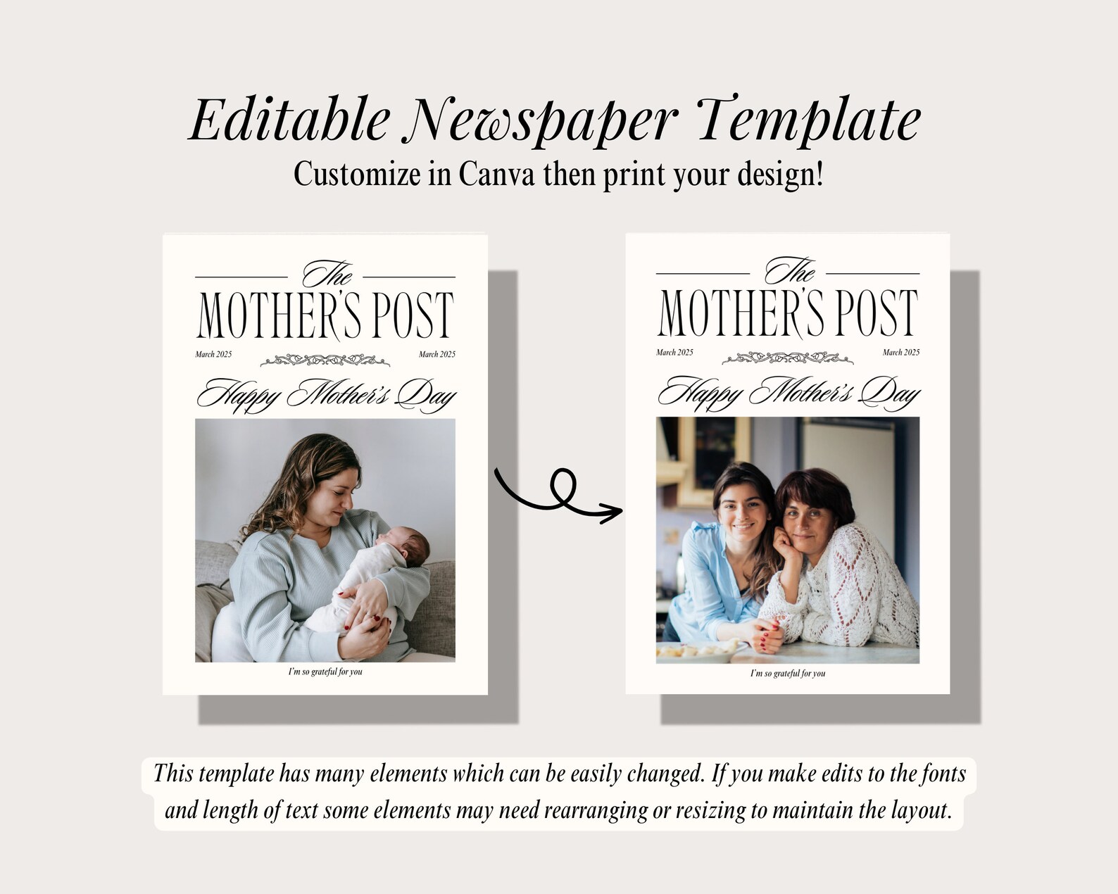 DIY Mothers Day Newspaper Template, Gift for Best Mum or Mom, Custom ...