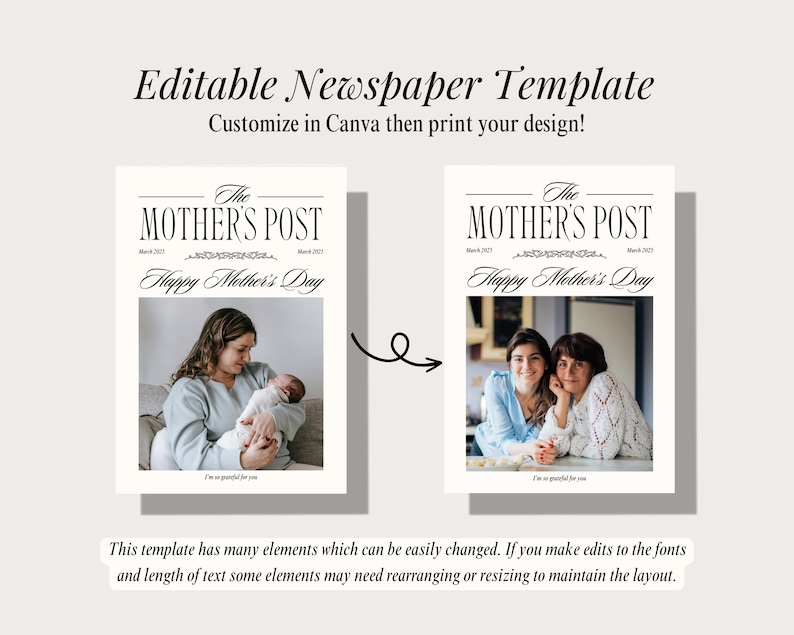 DIY Mothers Day Newspaper Template, Gift for Best Mum or Mom, Custom ...