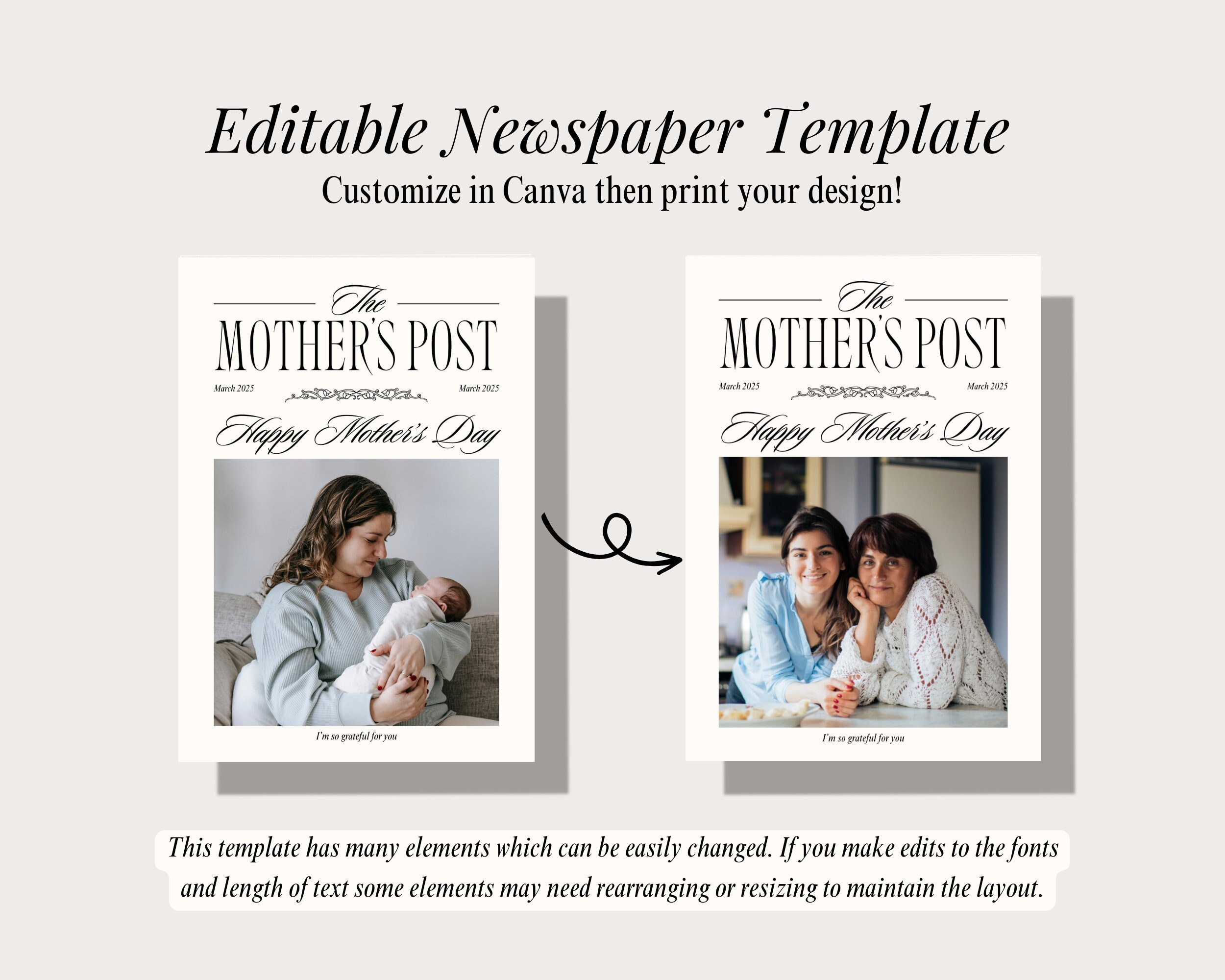 DIY Mothers Day Newspaper Template, Gift for Best Mum or Mom, Custom ...